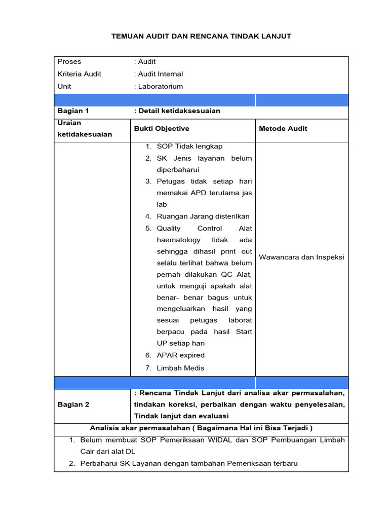 Temuan Audit Dan Rencana Tindak Lanjut | PDF