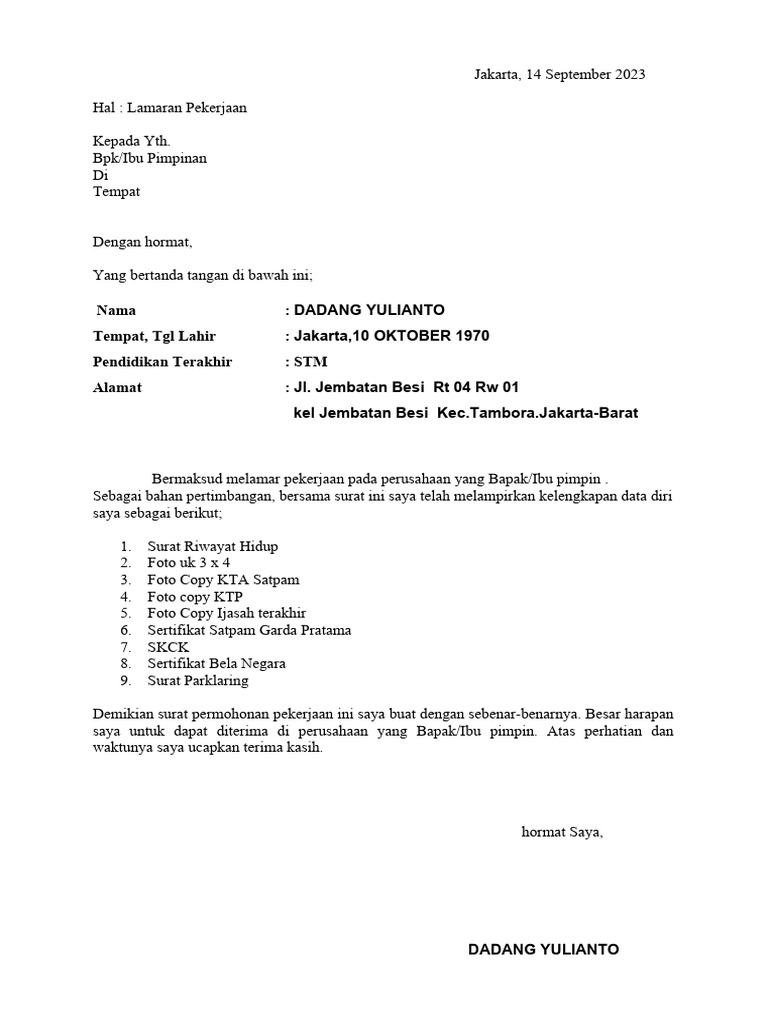 Contoh Surat Lamaran Kerja Umum 1 Dadang | PDF