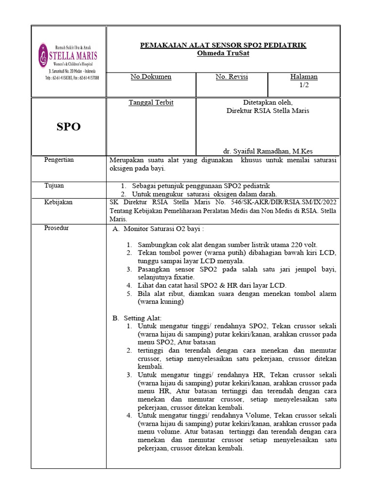 SPO Pemakaian Alat Sensor SPO2 Pediatrik Ohmeda TruSat | PDF