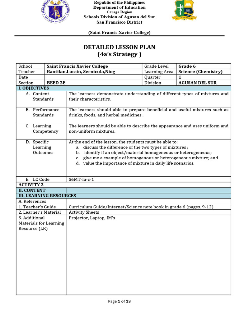 SCI 1 FINAL Lesson Plan Format | PDF | Mixture | Homogeneity And ...