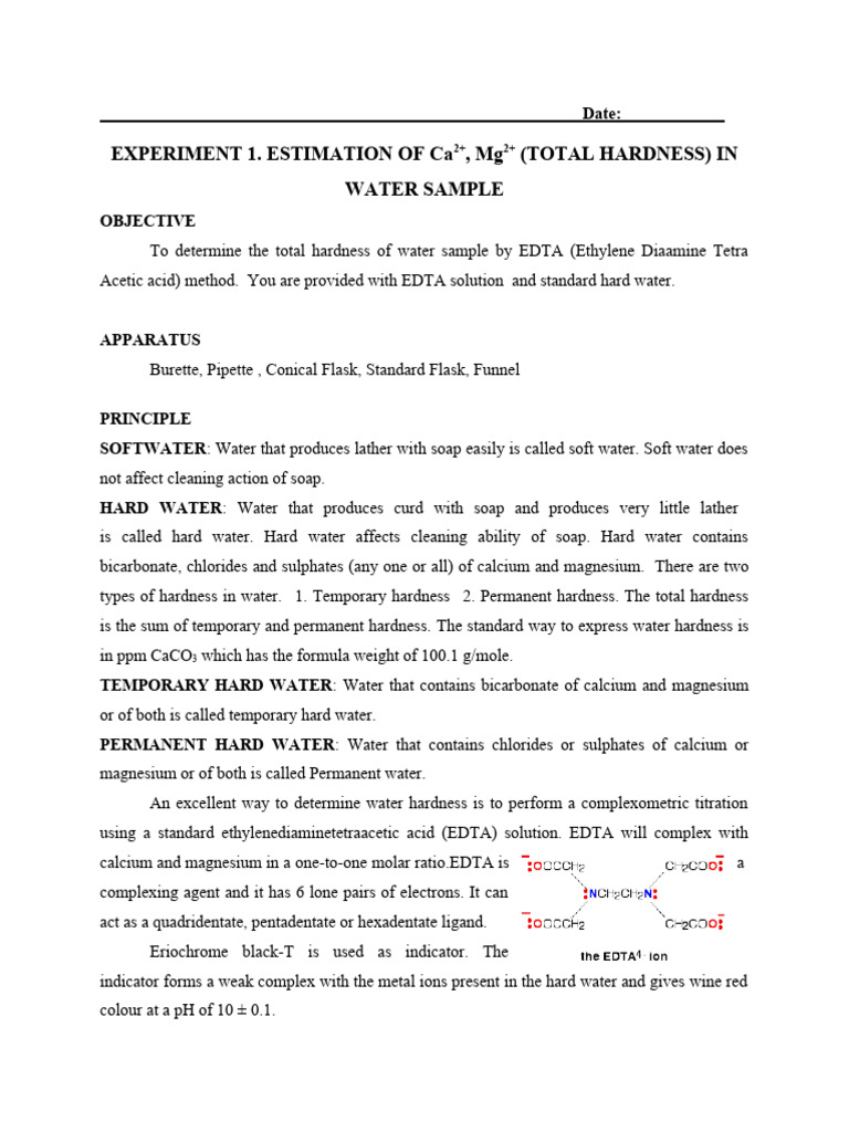 20CH3050 Expt No 01 Estimation of Total Hardness in Water | PDF | Titration | Chemistry