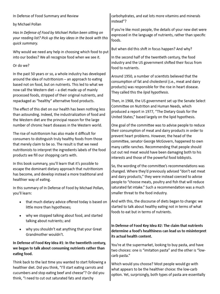 Summary of In Defense of Food | PDF | Diet (Nutrition) | Diet & Nutrition