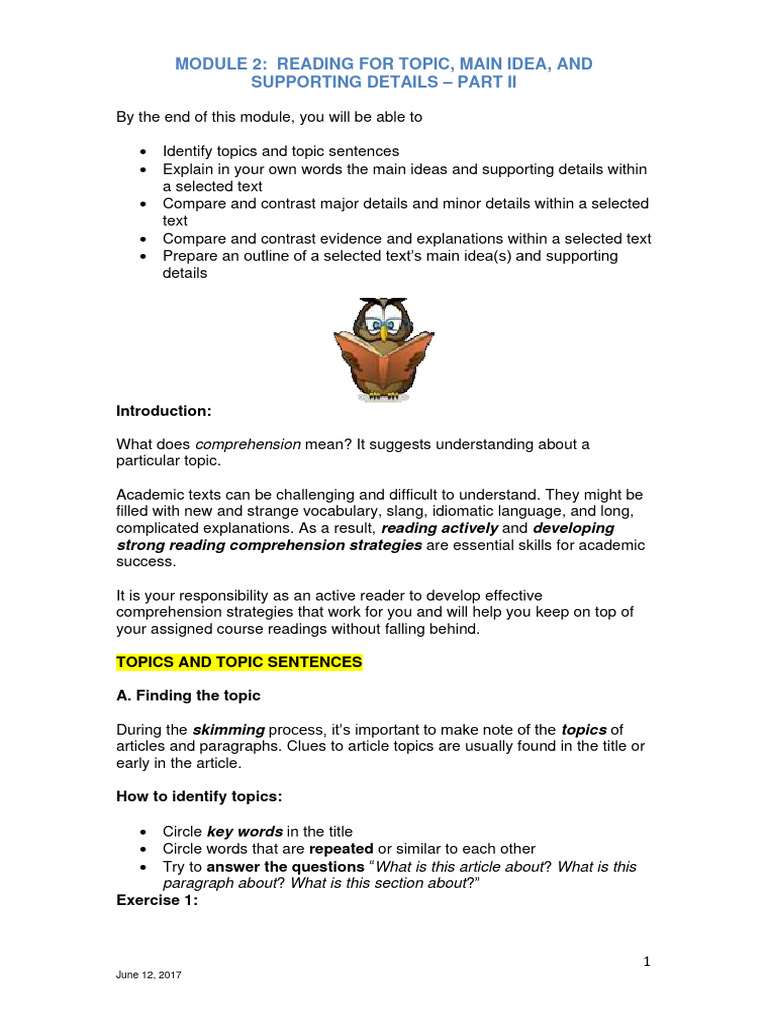 Module 2 Reading For Topic, Main Idea, and Supporting Details - Part II ...