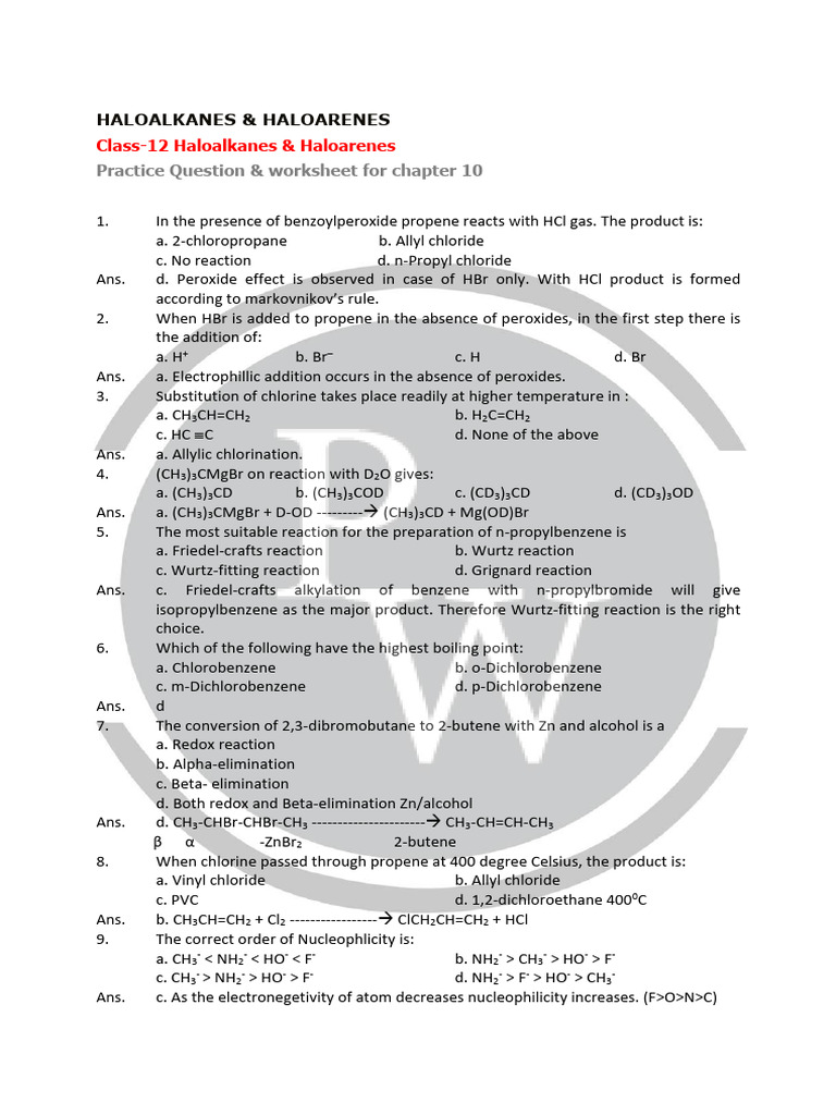 Practice Question & Worksheet For Chapter 10: Class-12 Haloalkanes ...