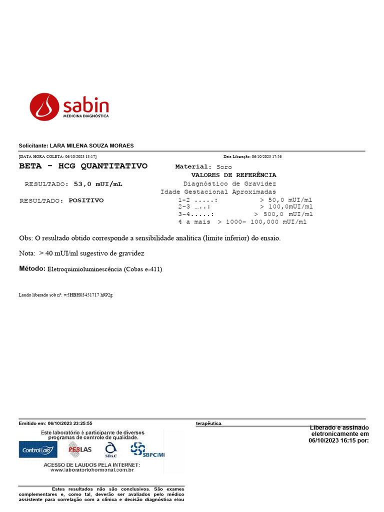 Exame Beta HCG - Karla de Castro Silva | PDF