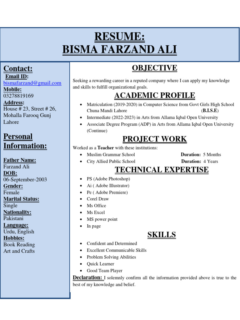 Resume: Bisma Farzand Ali: Contact: Objective | PDF