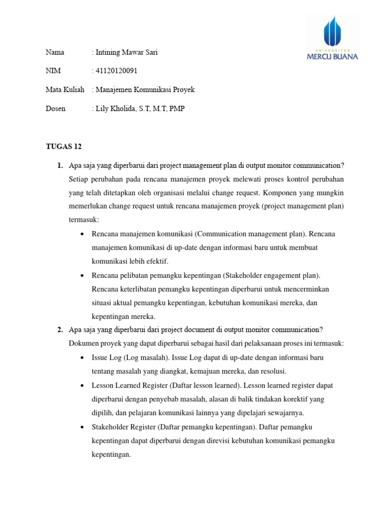 Tugas 12 - Manajemen Komunikasi Proyek | PDF