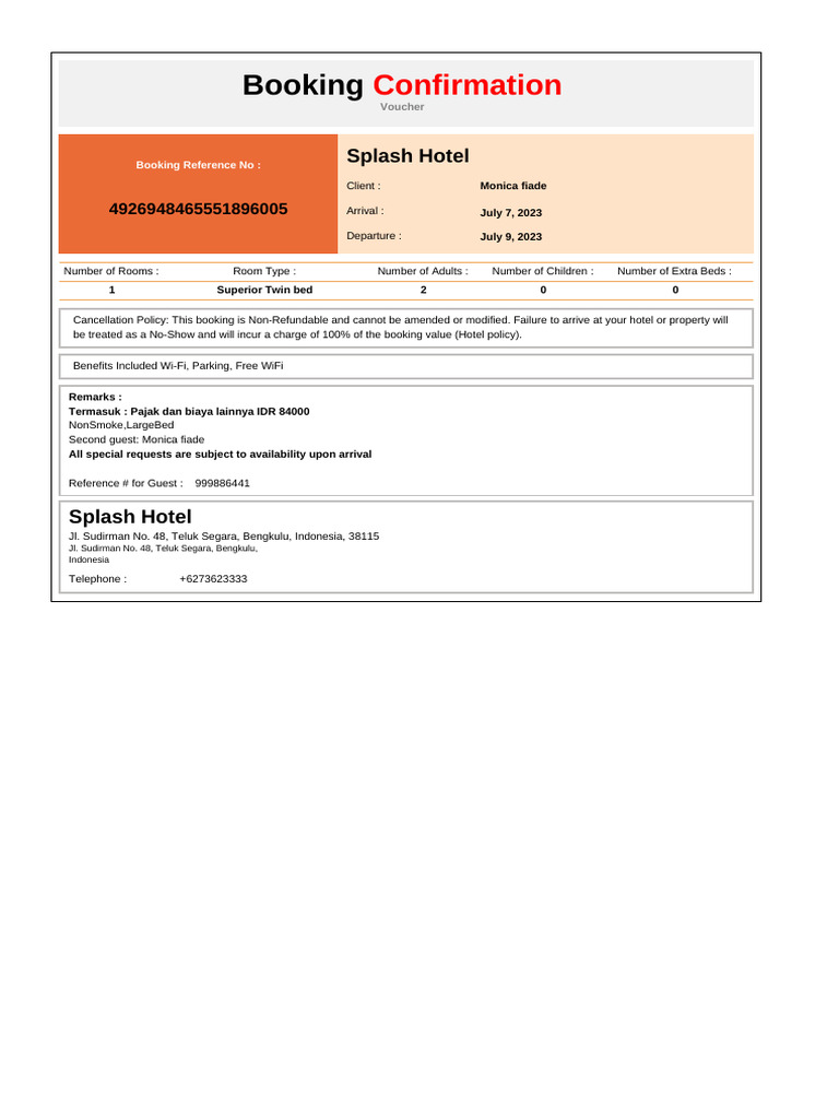 Confirmation For Booking ID # 999886441 | PDF