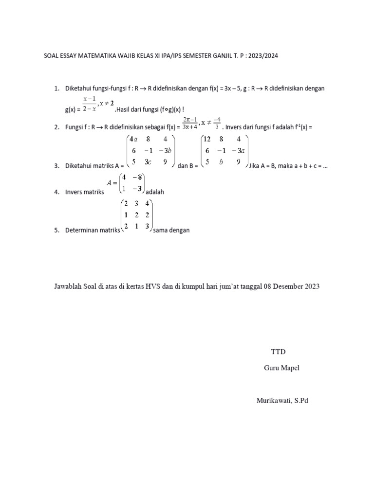 Soal Essay Matematika Wajib Kelas Xi | PDF