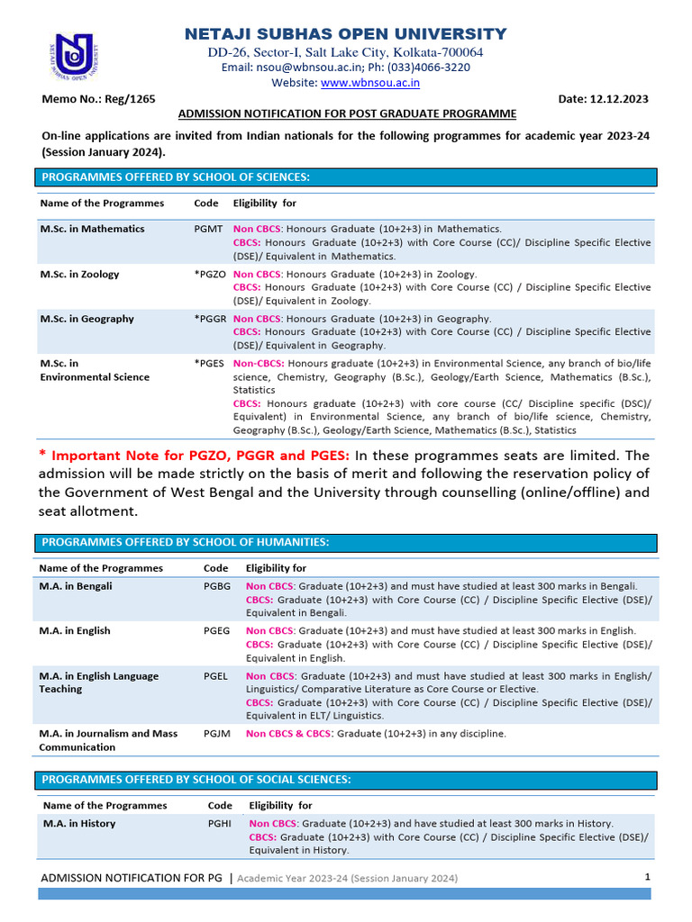 NSOU PG Admission Notice Session Jan 2024 | PDF | Postgraduate Education | Master's Degree