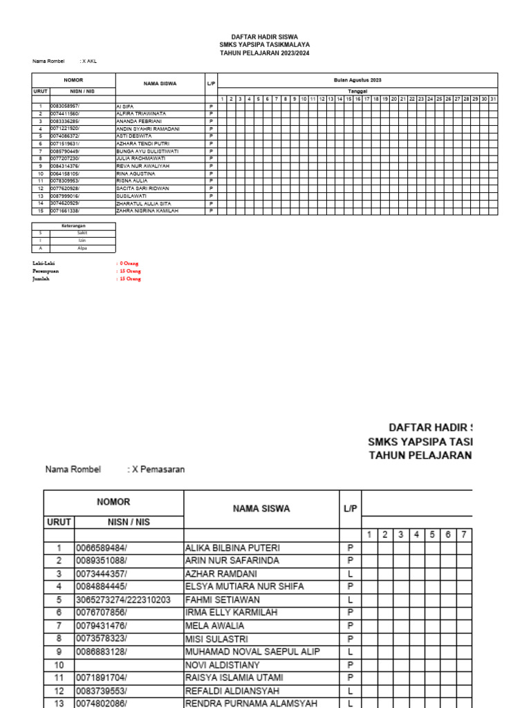 Absensi Siswa Tahun Pelajaran 2023-2024-1 | PDF