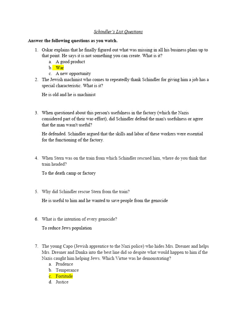 Schindler's List Viewing Guide Questions | PDF