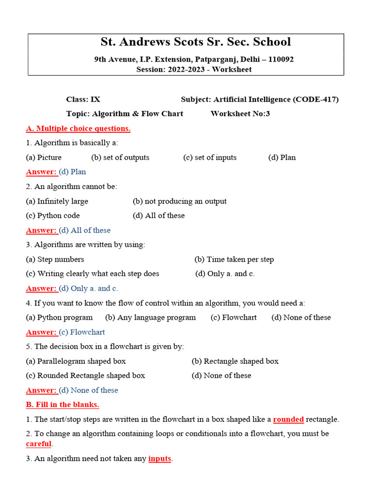 Artificial Intelligence - Algorithm & Flow Chart WS-3 | PDF ...