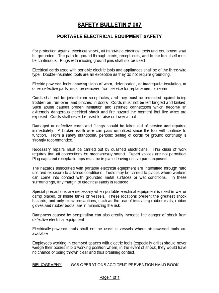 Safety Bulletin 7 PORTABLE ELECTRICAL EQUIPMENT SAFETY | PDF | Ac Power ...