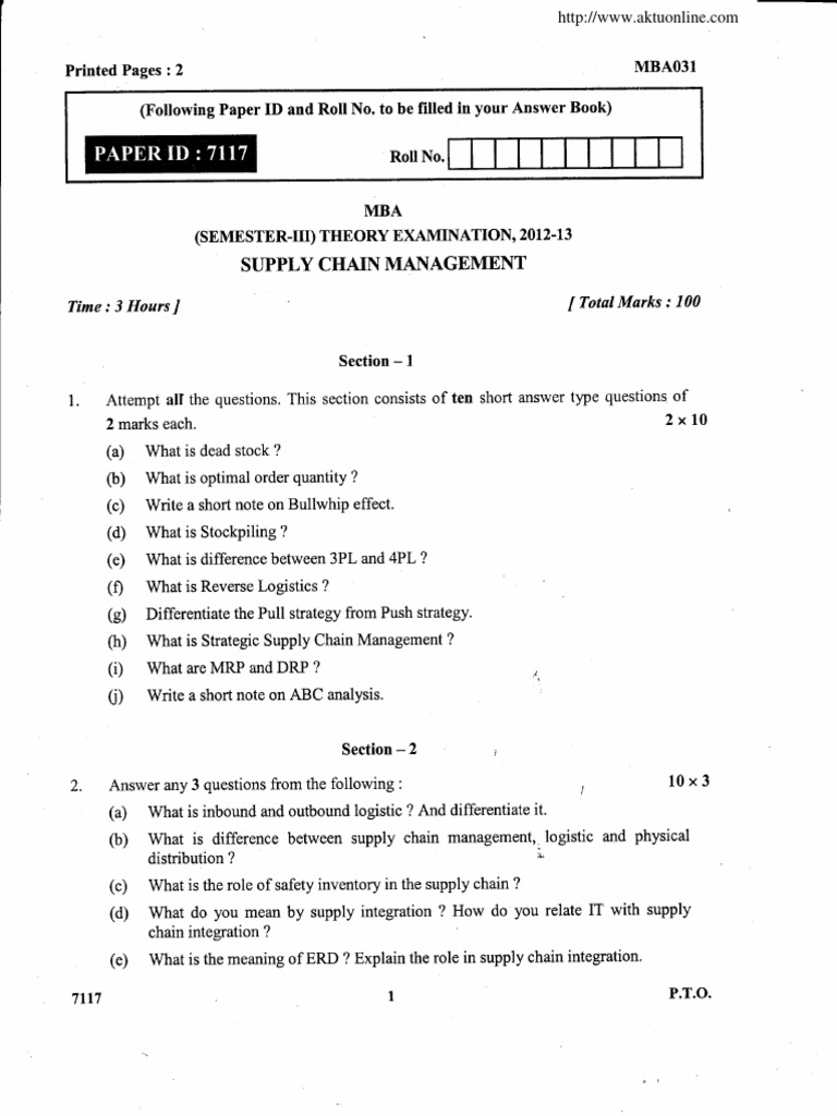DAVV MBA Supply Chain Exam Paper 2013 | PDF | Supply Chain | Supply ...