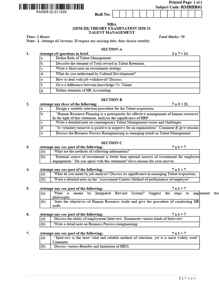 Mba 3 Sem Talent Management rmbhr01 2021 | PDF | Talent Management ...
