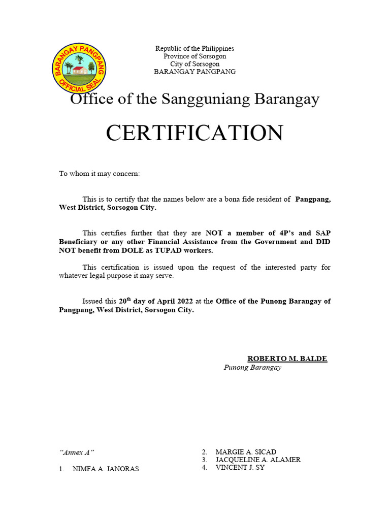 Barangay Certification of Non-Beneficiaries | PDF