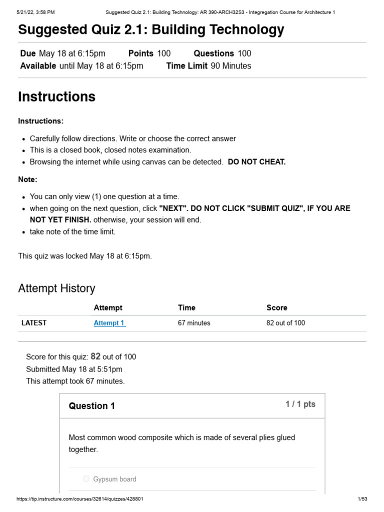 Suggested Quiz 2.1 Building Technology AR 390 ARCH32S3 Integregation ...