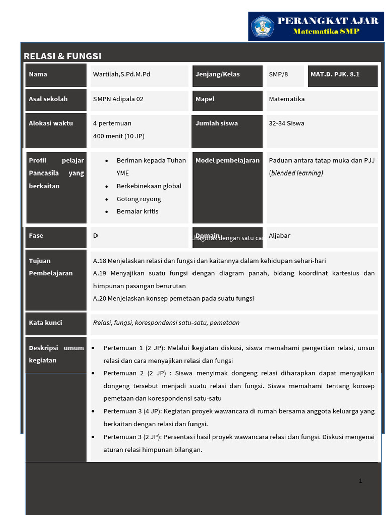 8 Modul Ajar MTK Kelas 8 (Relasi-Fungsi) | PDF