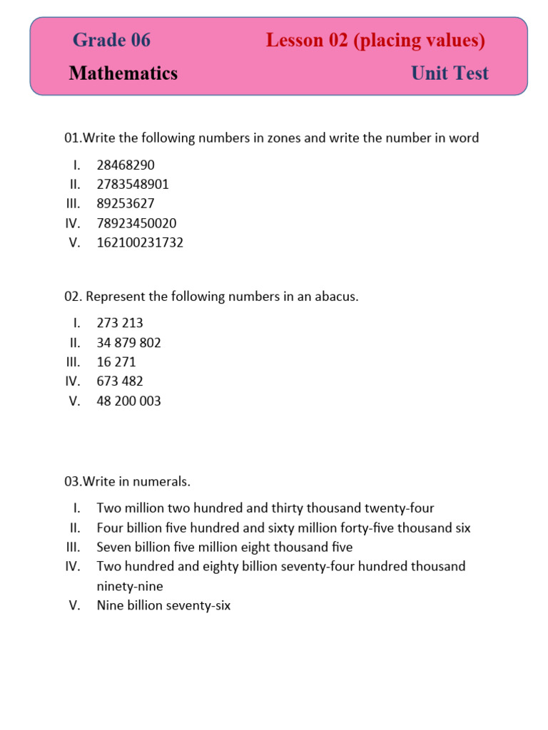 Grade 6 Math Unit Test on Numbers | PDF | Teaching Methods & Materials