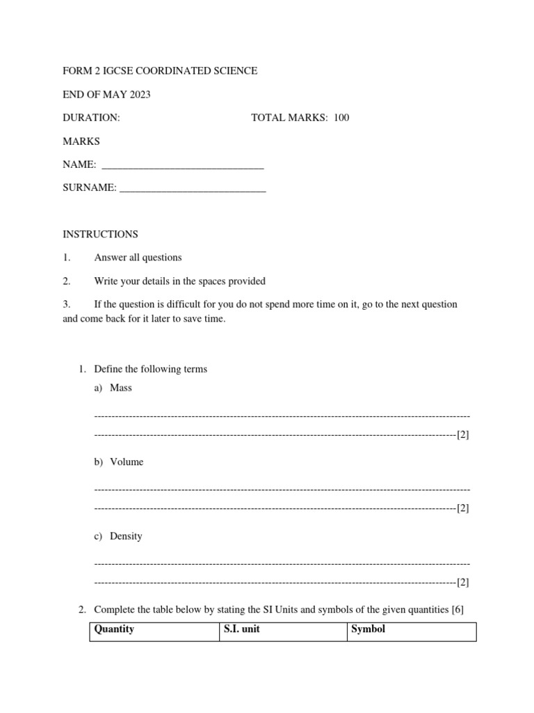 IGCSE Coordinated Science Exam 2023 | PDF | Density | Physical Sciences