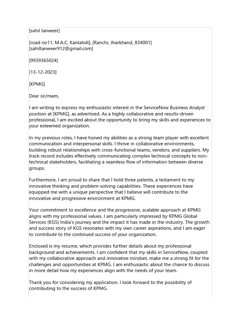 Sahil Tanweer KPMG Cover Letter | PDF
