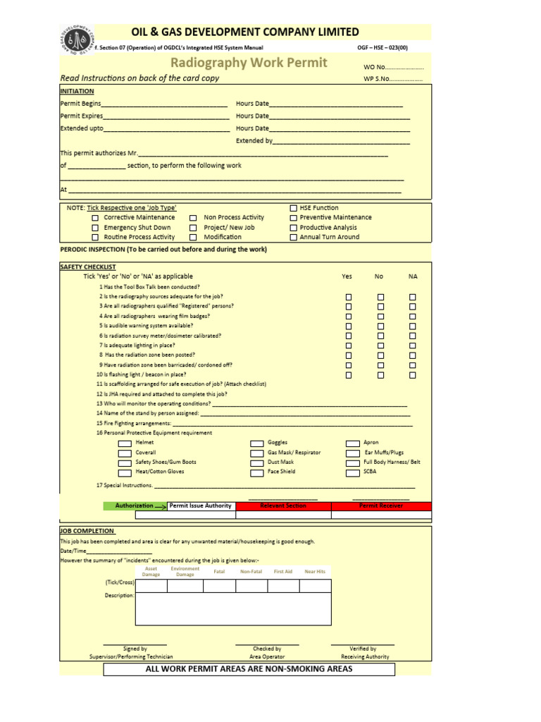 Radiography Work Permit (OGF-HSE-23) | PDF | Safety | Occupational ...