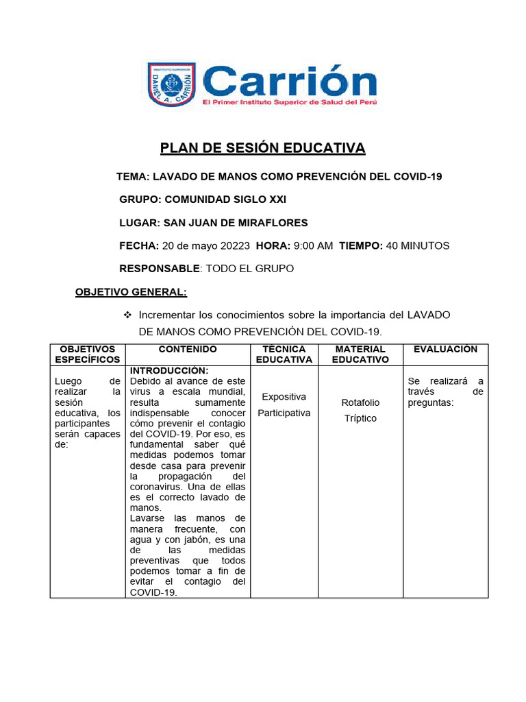 MODELO_DE_PLAN_DE_SESION_EDUCATIVA. | PDF | Lavado de manos | Bicapa lipídica