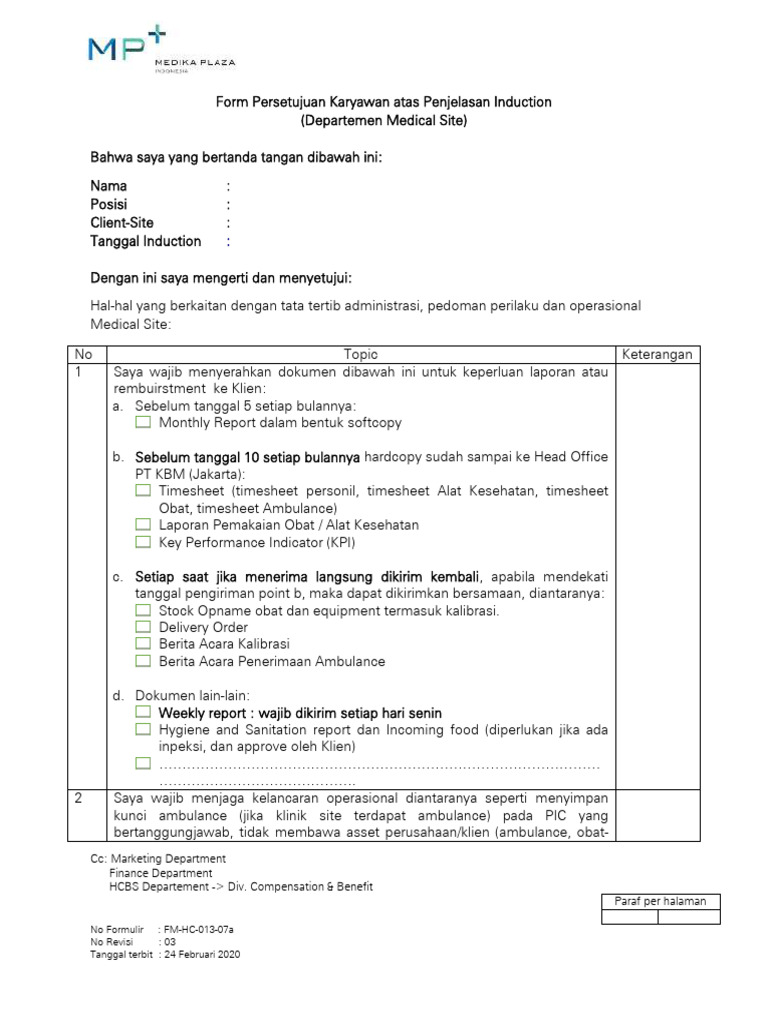 FM-HC-013-7a Form Induksi Medsite Rev3 | PDF | Bisnis