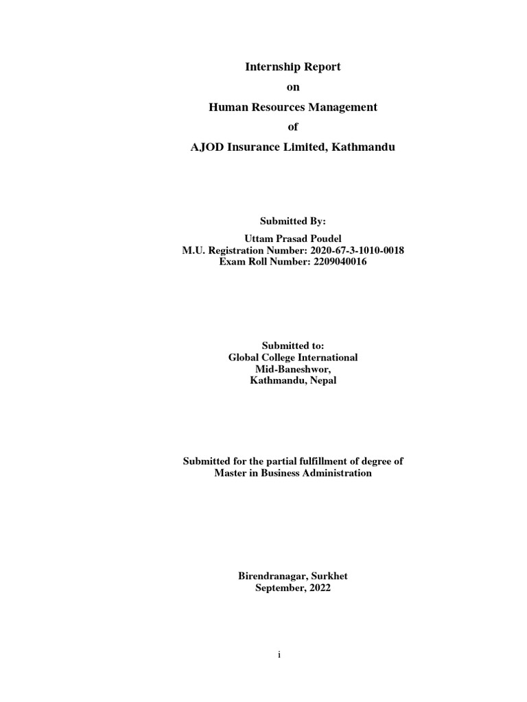 MBA Internship Report by Uttam Prasad Poudel, GCI, MBA 4th Sem (HR) Sep 2022 | PDF | Insurance ...