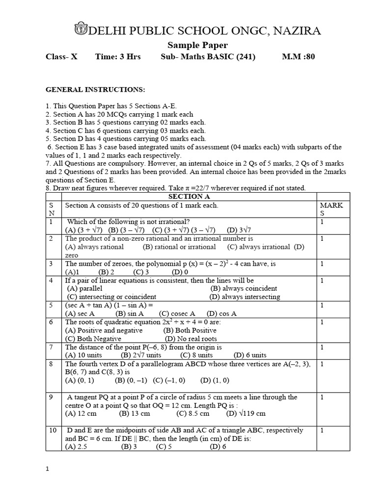 X Maths Basic QP | Download Free PDF | Area | Euclid