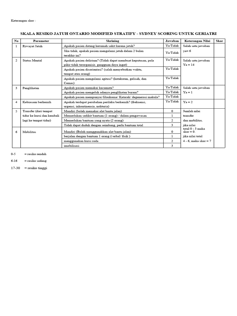 Skala Resiko Jatuh Geriatri Ontario Modified Stratify | PDF
