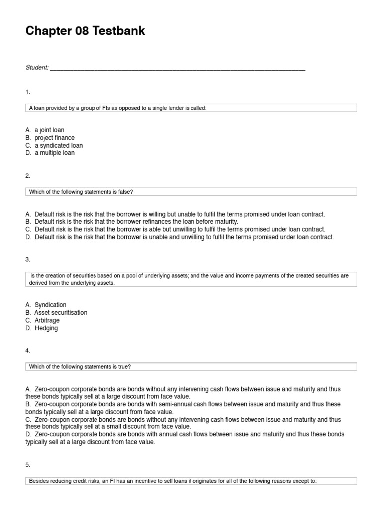 Chapter08 Testbank | PDF | Securitization | Collateralized Debt Obligation