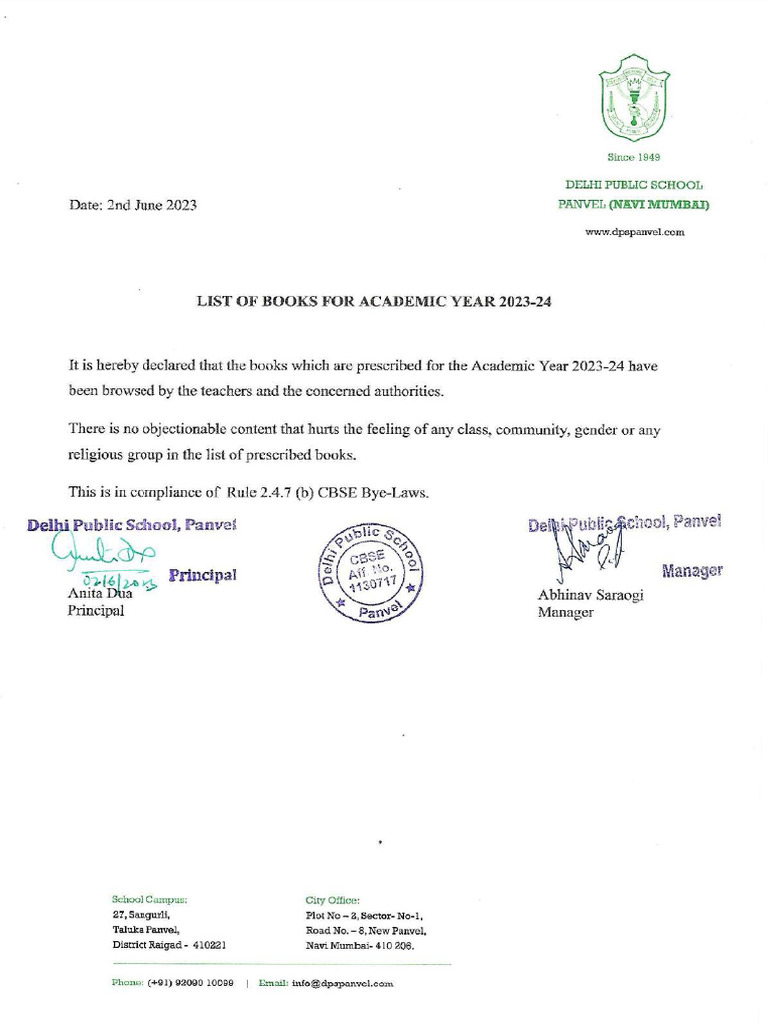 DPS Panvel Book List 2023-24 | PDF