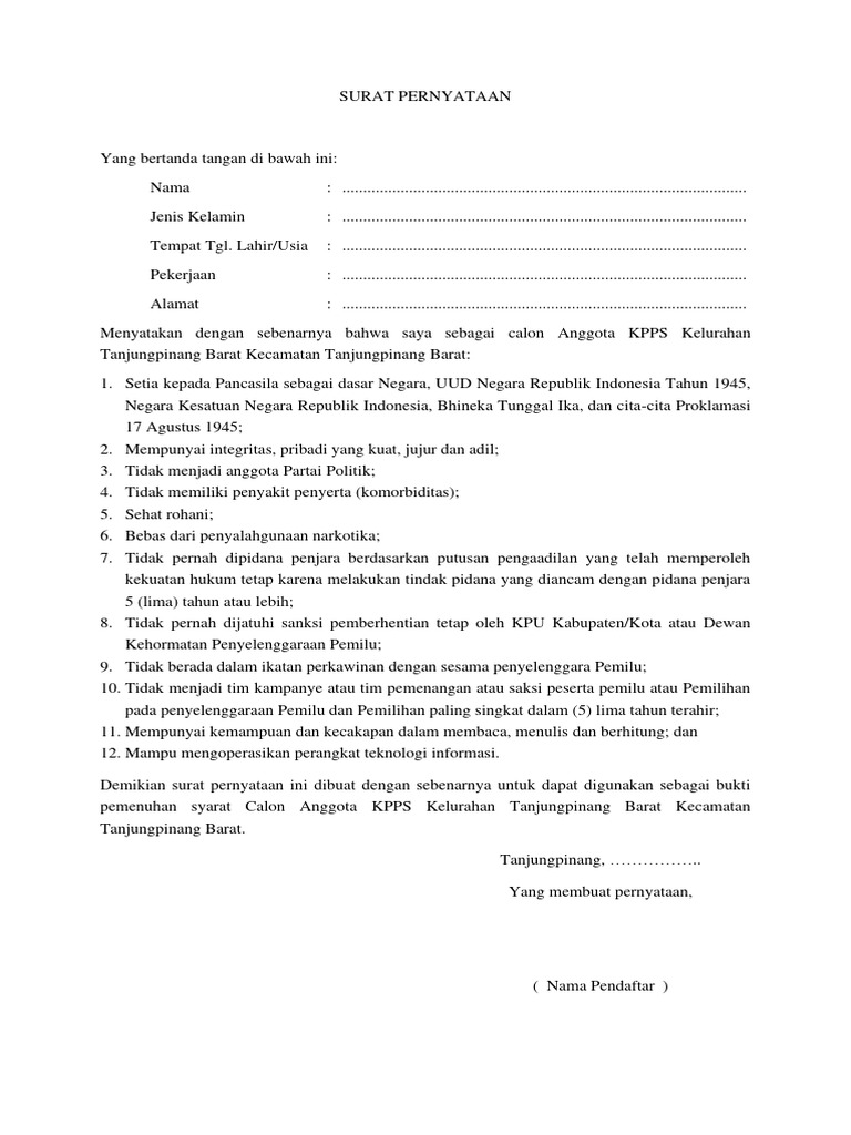 Surat Pernyataan KPPS | PDF
