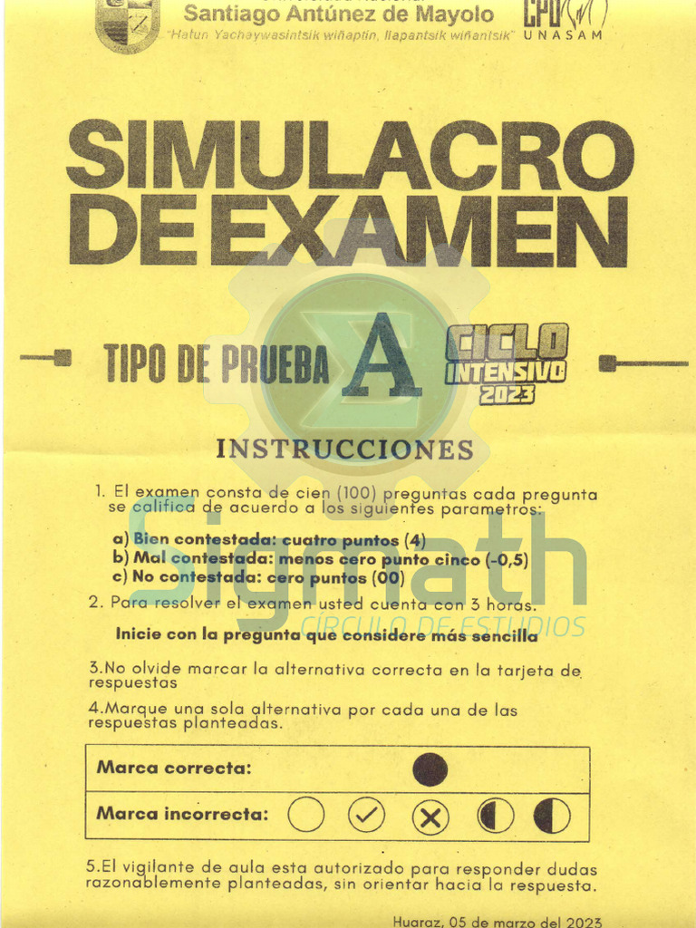 Cpu Unasam Simulacro Del 2do Examen Área (A) | PDF