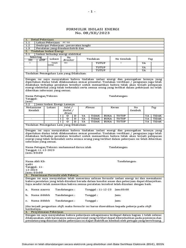 Formulir Isolasi Energi | PDF