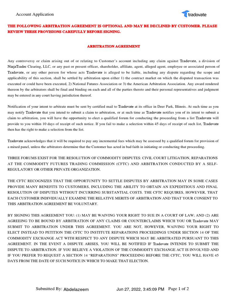 Tradovate Arbitration Agreement | PDF | Arbitration | Commodity Futures ...