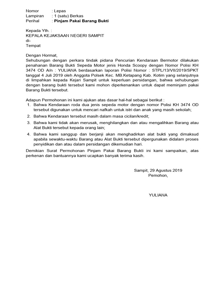 Contoh Surat Permohonan Pinjam Pakai Barang Bukti | PDF