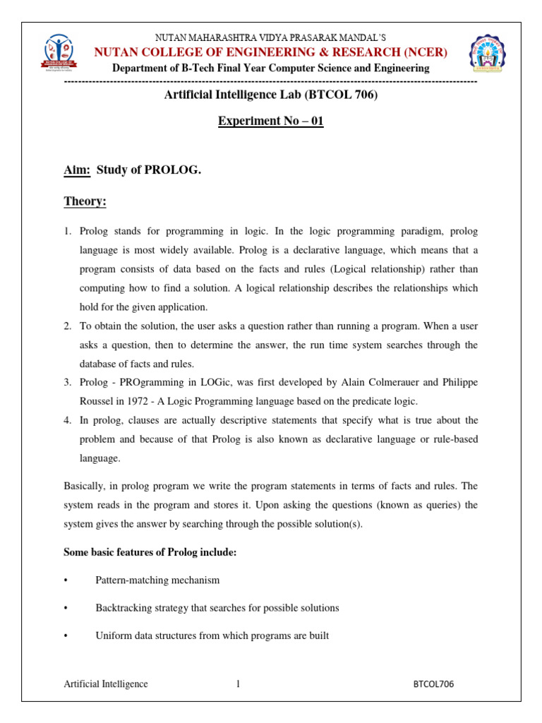 AI Experiment No 1 Study of Prolog | PDF | Computing | Computer Programming AI Experiment No 1 Study of Prolog | PDF | Computing | Computer Programming