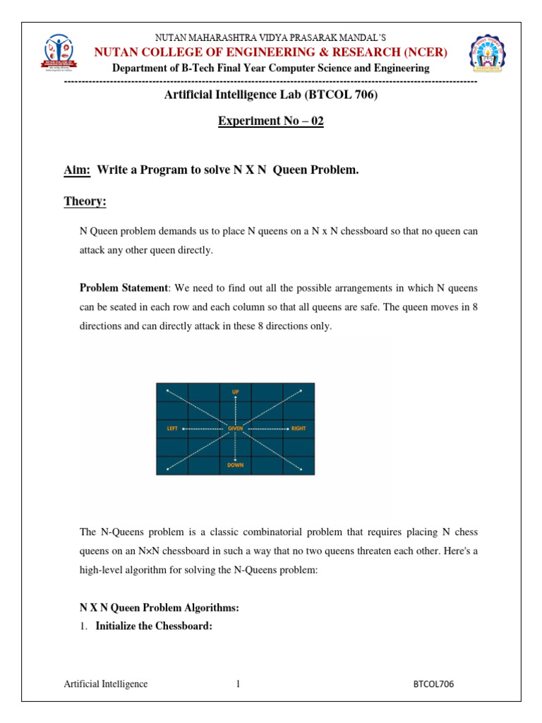 AI Experiment No 2 N X N Queen Problem | PDF | Applied Mathematics | Theoretical Computer Science