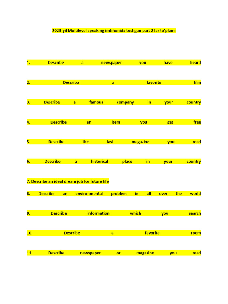 2023-Yil Multilevel Speaking Part 2 | PDF