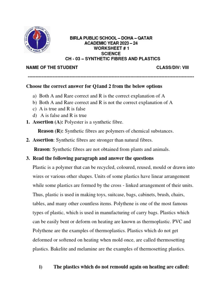 Class 8 Worksheet: Synthetic Fibres & Plastics | PDF | Plastic | Fibers