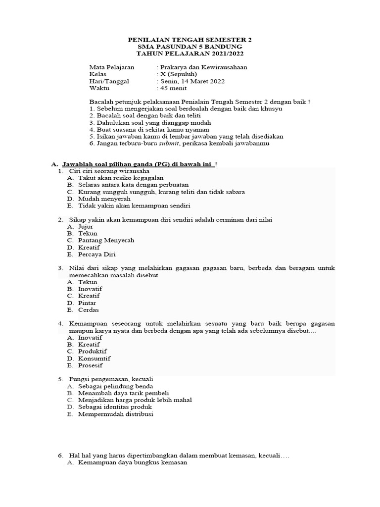 Format Soal PTS 2 (Pkwu) Kelas X | PDF | Karier & Perkembangan