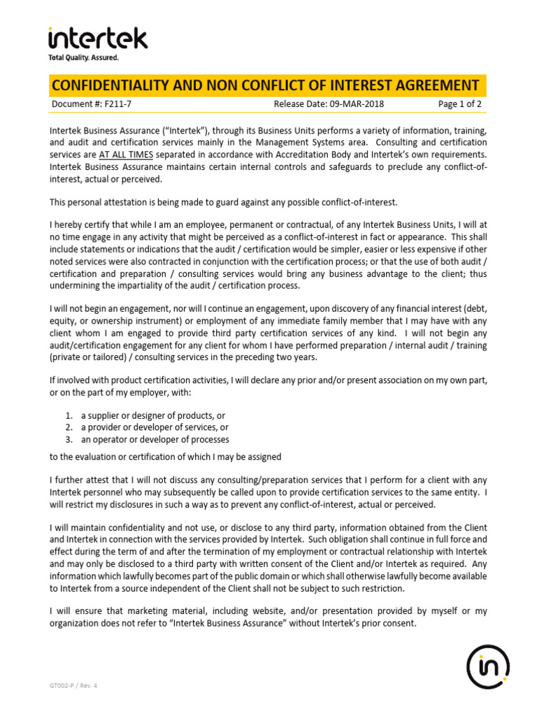 F211-7 Confidentiality Non-Conflict Interest Agreement | PDF | Conflict ...