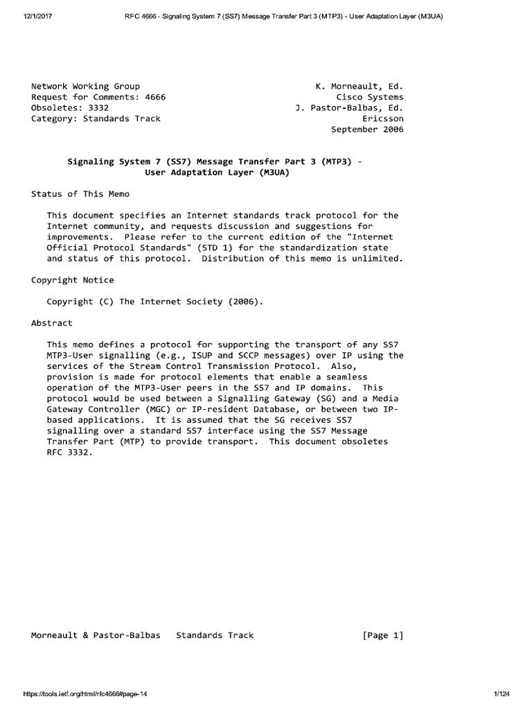 RFC 4666 - Signaling System 7 (SS7) Mes... (MTP3) - User Adaptation ...