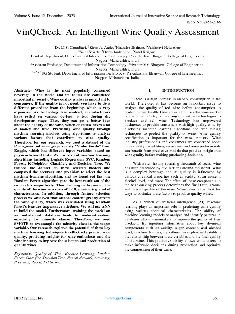 VinQCheck: An Intelligent Wine Quality Assessment | PDF | Machine Learning | Statistical ...