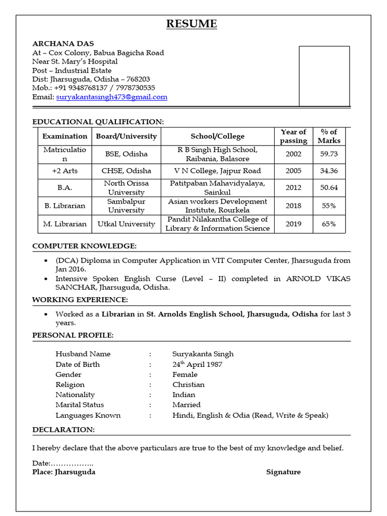 Archana Das: Librarian Resume | PDF | Religion & Spirituality