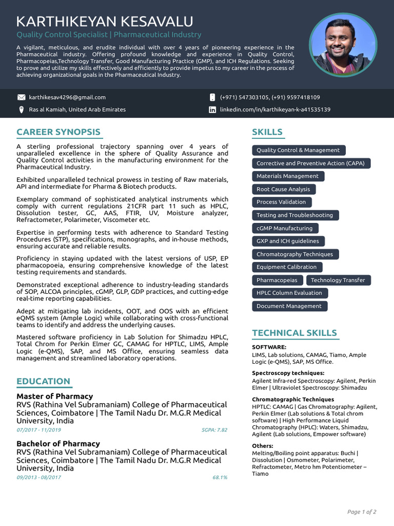 Karthikeyan Kesavalu: Career Synopsis Skills | PDF | Chromatography | Titration