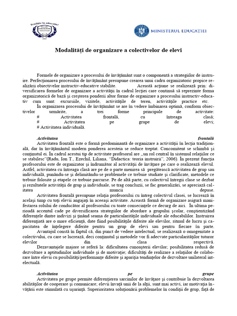Modalitati de Organizare A Colectivelor de Elevi | PDF
